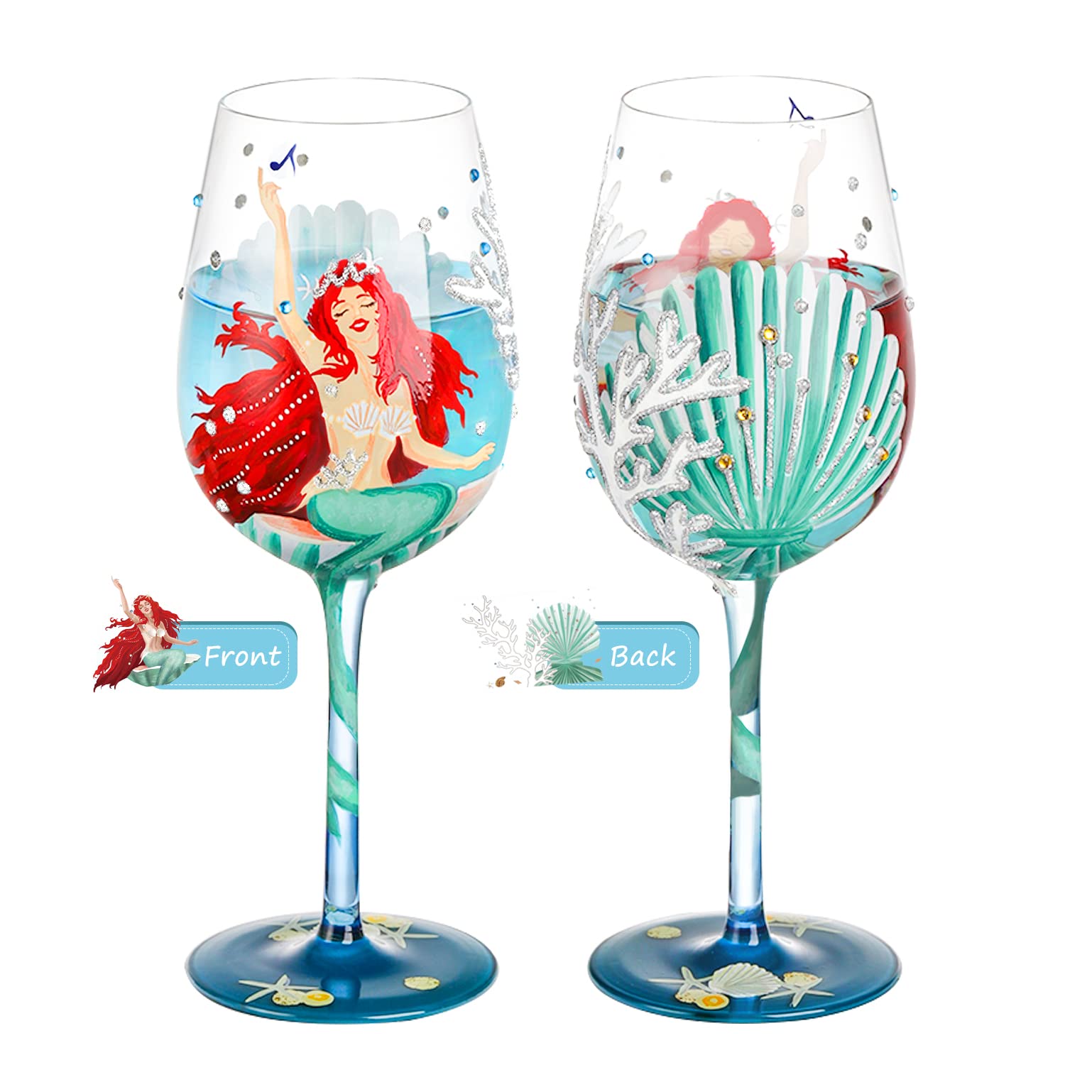 NymphFable Hand Painted The Little Mermaid Wine Glass 15oz Personalised Birthday Gifts for Women Best Friend