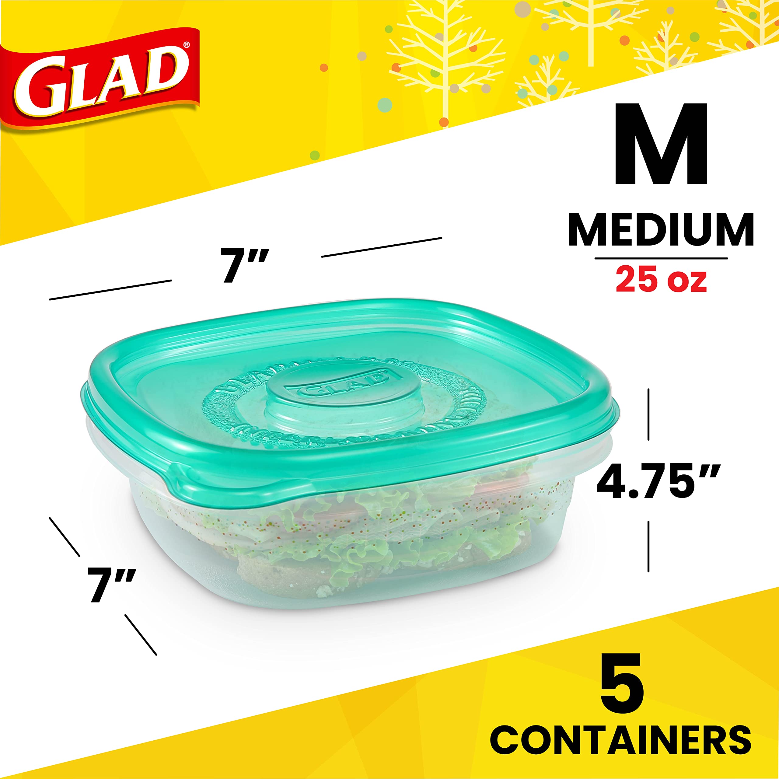 GladWare Medium Entrée Square Food Storage Containers with Lids | 25 oz Holiday Containers with Green Pine Tree Design, 5 Count Set | Airtight Food Storage Containers for Food