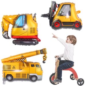 giant construction balloons, 3pcs 30 inch excavator dump truck crane foil balloon, construction themed birthday party supplies, car vehicles balloon for boys girls (balloon no driver printing)