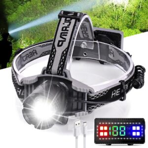 aikertec headlamp rechargeable, 150000 lumen super bright headlamp flashlight,4 modes, 60h battery powered, zoom, waterproof head lamp, red blue hardhat headlamp for camping running hunting