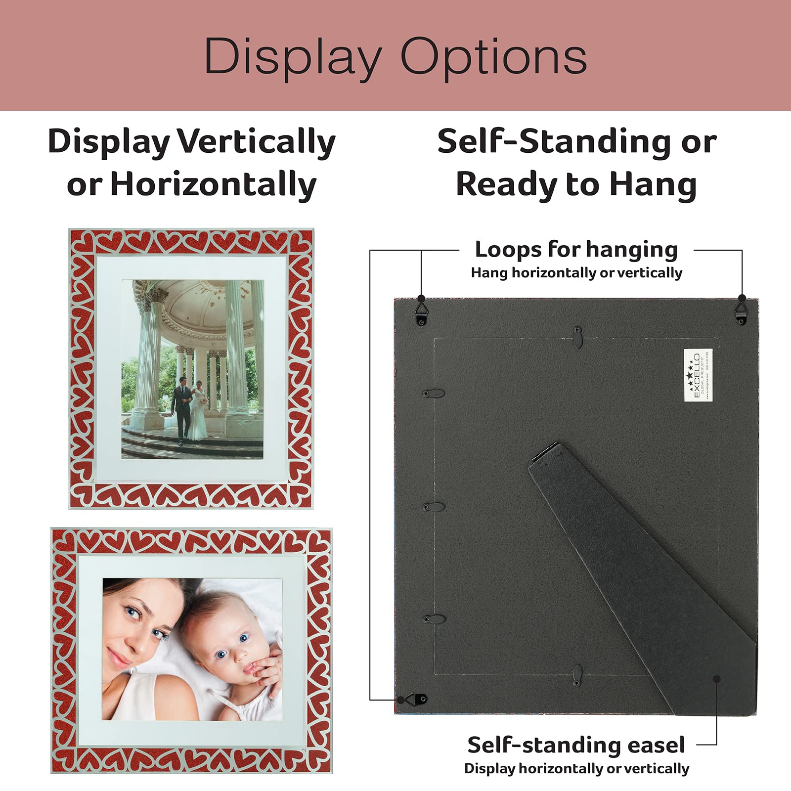 EXCELLO GLOBAL PRODUCTS Heart Border Glass 8"x10" Photo Frame with 4"x6" and 5"x7" Dual Mats