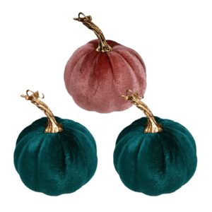 farmhouse fall harvest velvet foam pumpkins for halloween, thanksgiving, centerpiece, mantel, table decor (rose, teal)