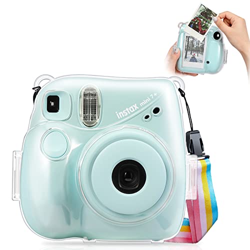 Fintie Protective Clear Case for Fujifilm Instax Mini 7+ Instant Film Camera - Crystal Hard Shell Cover with Removable Rainbow Shoulder Strap