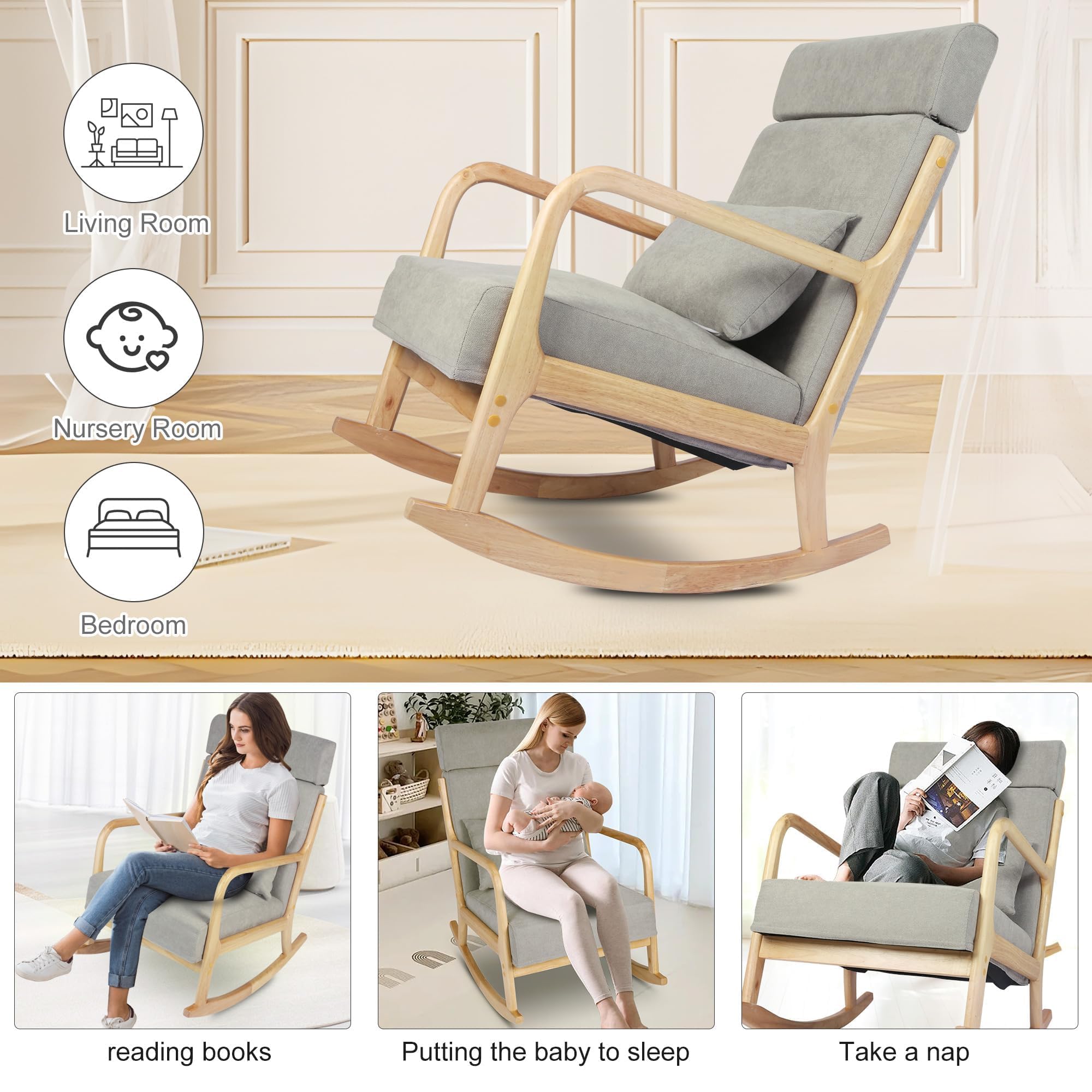 LUCKYERMORE Rocking Chair Nursery with Solid Wood Legs,Glider Chair with High Backrest,Upholstered Glider Rocker Chair for Nursery Bedroom Living Room, Grey