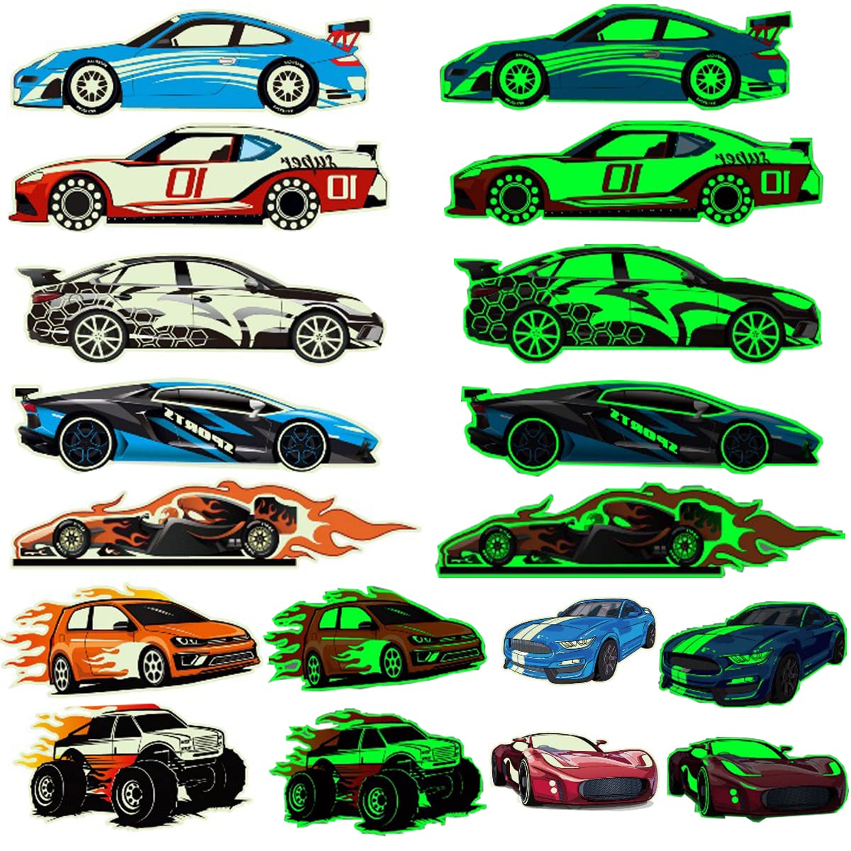 Ukicra Luminous Racing tattoo stickers,12 Sheets Race Car Temporary Tattoos for Kids,Waterproof Glow in The Dark Cartoon Tattoo Stickers Party supplies for Kids Boys Girls