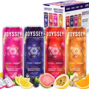 ODYSSEY ELIXIR Sparkling Mushroom Drink with Lions Mane and Cordyceps Adaptogenic Mushrooms, L Theanine and Green Tea Caffeine for Energy and Focus, 12 Fl oz, Variety Pack, 12 Cans