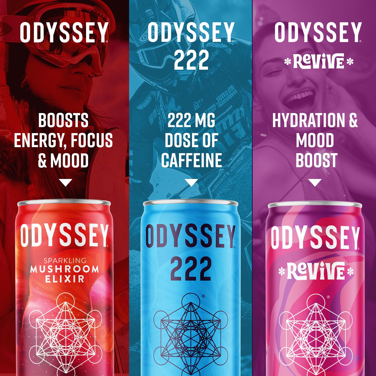 ODYSSEY ELIXIR Sparkling Mushroom Drink with Lions Mane and Cordyceps Adaptogenic Mushrooms, L Theanine and Green Tea Caffeine for Energy and Focus, 12 Fl oz, Variety Pack, 12 Cans