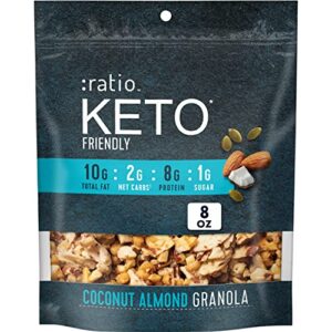 ratio coconut almond granola cereal, 1g sugar, keto friendly, 8 oz resealable cereal bag