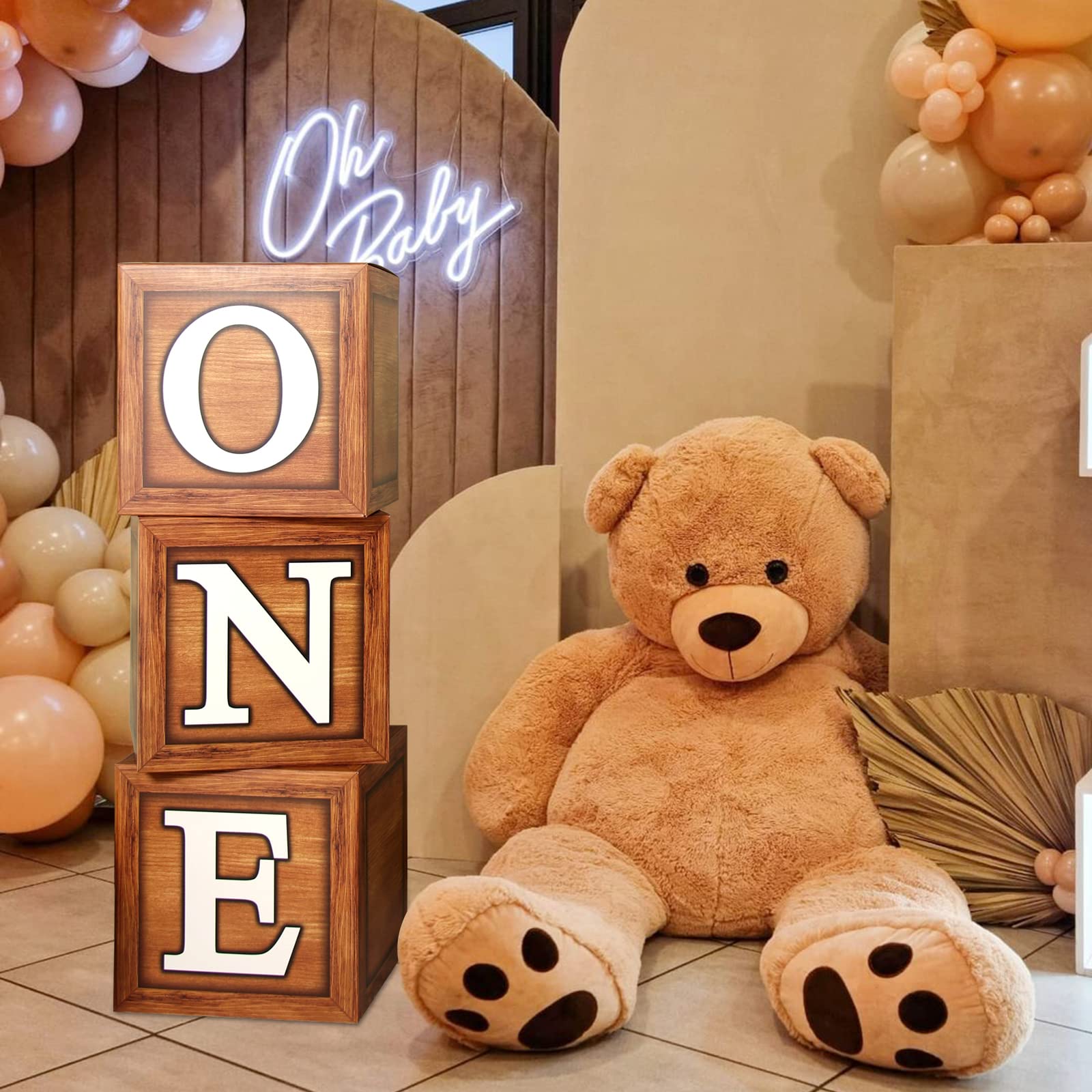 First Birthday Boxes Party Decorations 3 Wood Grain Brown blocks with ONE Letter, Printed Letters,First Birthday Centerpiece Decor, Teddy Bear Baby Shower Supplies, 1 Year Old Birthday Decorations