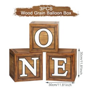 First Birthday Boxes Party Decorations 3 Wood Grain Brown blocks with ONE Letter, Printed Letters,First Birthday Centerpiece Decor, Teddy Bear Baby Shower Supplies, 1 Year Old Birthday Decorations