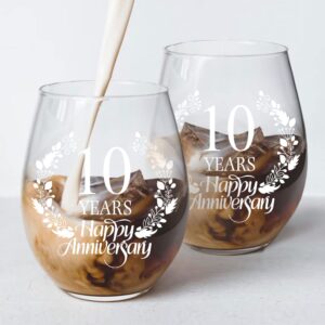 Perfectinsoy 10 Years Happy Anniversary Wine Glass Set of 2, 10th Anniversary Wedding Gift For Mom, Dad, Soulmate, Couple, Funny Vintage Unique Personalized, 10 Years Gifts, Happy 10th Anniversary