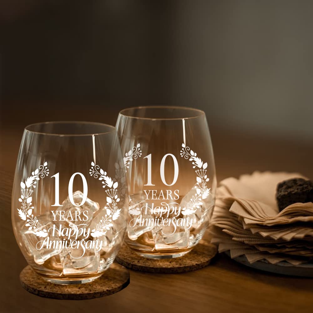 Perfectinsoy 10 Years Happy Anniversary Wine Glass Set of 2, 10th Anniversary Wedding Gift For Mom, Dad, Soulmate, Couple, Funny Vintage Unique Personalized, 10 Years Gifts, Happy 10th Anniversary