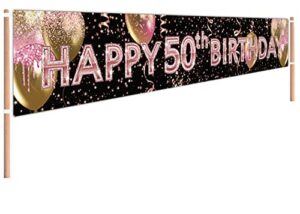 chxsm pink happy 50th birthday banner rose gold 50th birthday yard sign pink 50th birthday party supplies decoration rose gold 50th birthday party backdrop (9.8x1.6 ft)