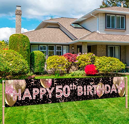 CHXSM PinK Happy 50th Birthday Banner Rose Gold 50th Birthday Yard Sign PinK 50th Birthday Party Supplies Decoration Rose Gold 50th Birthday Party BacKdrop (9.8x1.6 FT)