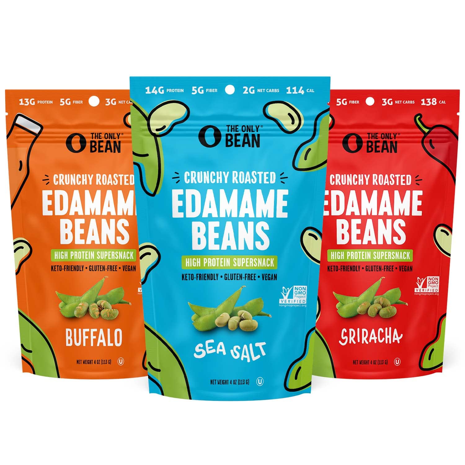 The Only Bean Crunchy Dry Roasted Edamame Beans (Variety Pack), Low Carb Keto Healthy Snacks For Adults and Kids, Low Calorie Snack, Fiber Protein Snacks, Diabetic Snacks, 4 oz (3 Pack)