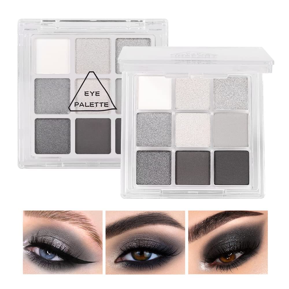 Black Smokey Gray Silver Glitter Shimmer Eye Makeup Palette, 9 Colors Cool Toned Matte, Make Up Black Radiance Eyeshadow Palette, Profesional Sombras De Ojos (A).