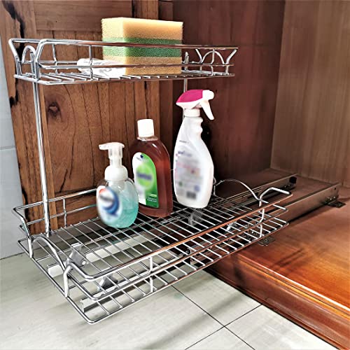 OCG 2 Tier Under Sink Pull Out Organizer (14" W x 21" D x 15.8" H), Under Sink Organizers and Storage for Kitchen Bathroom Cabinet, Chrome Finish