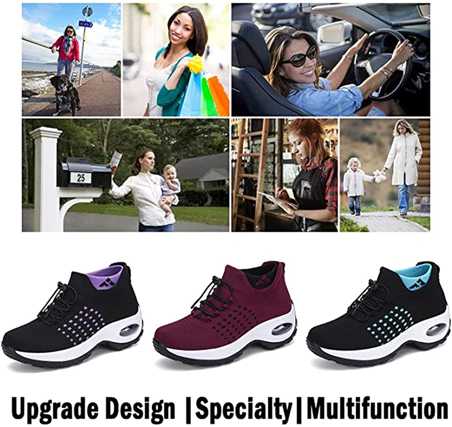 Women's Walking Shoes Sock Sneakers Slip on Mesh Air Cushion Comfortable Wedge Easy Shoes Platform Loafers Purple 39