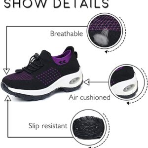 Women's Walking Shoes Sock Sneakers Slip on Mesh Air Cushion Comfortable Wedge Easy Shoes Platform Loafers Purple 39