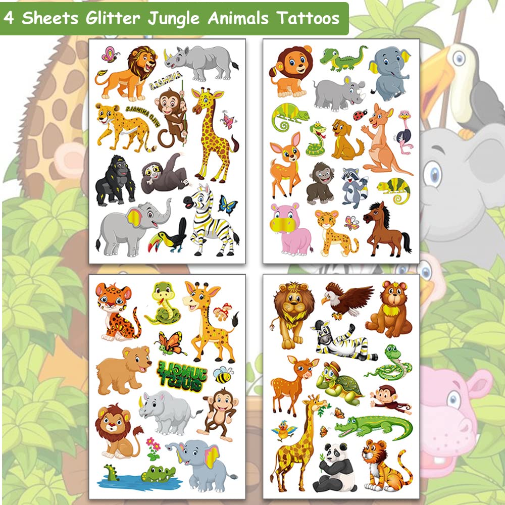 Hohamn Glitter Animal Temporary Tattoos for Kids - 50 Styles Zoo Jungle Animal Fake Tattoos for Boys Girls Birthday Party Supplies, Baby Shower