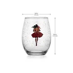 Elegant Home Set of Four (4) 20oz Holiday Festive Christmas Stemless Wine Glass For Red Or White Wine- Christmas Theme Trees, Snowflakes, Gifts & Woman