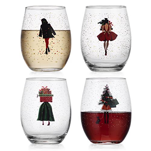 Elegant Home Set of Four (4) 20oz Holiday Festive Christmas Stemless Wine Glass For Red Or White Wine- Christmas Theme Trees, Snowflakes, Gifts & Woman