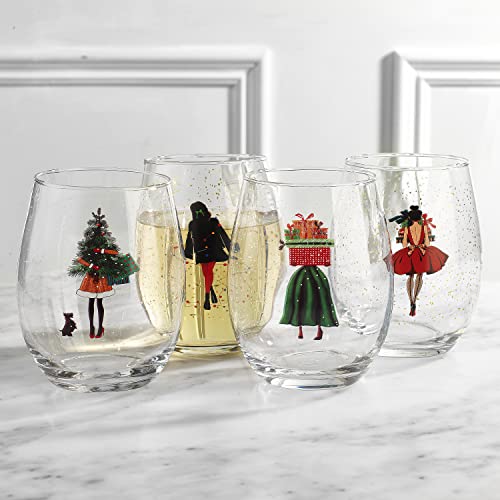 Elegant Home Set of Four (4) 20oz Holiday Festive Christmas Stemless Wine Glass For Red Or White Wine- Christmas Theme Trees, Snowflakes, Gifts & Woman