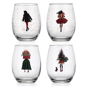 Elegant Home Set of Four (4) 20oz Holiday Festive Christmas Stemless Wine Glass For Red Or White Wine- Christmas Theme Trees, Snowflakes, Gifts & Woman