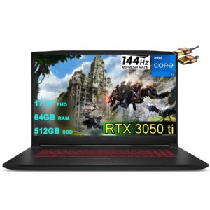 msi katana gf76 17 gaming laptop 17.3” fhd ips 144hz display 11th gen intel 8-core i7-11800h 64gb ram 512gb ssd geforce rtx 3050 ti 4gb backlit usb-c nahimic win10 black + hdmi cable