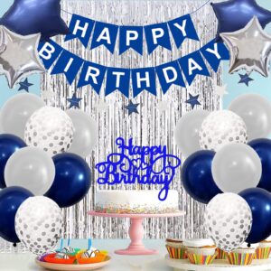 G-LOVELY'S Navy Sliver Birthday Decorations Set with Happy Birthday Balloon Letters Banner, Confetti Balloons, Fringe Curtain, Men Women Boys Girls Navy Blue Silver Birthday Party Supplies