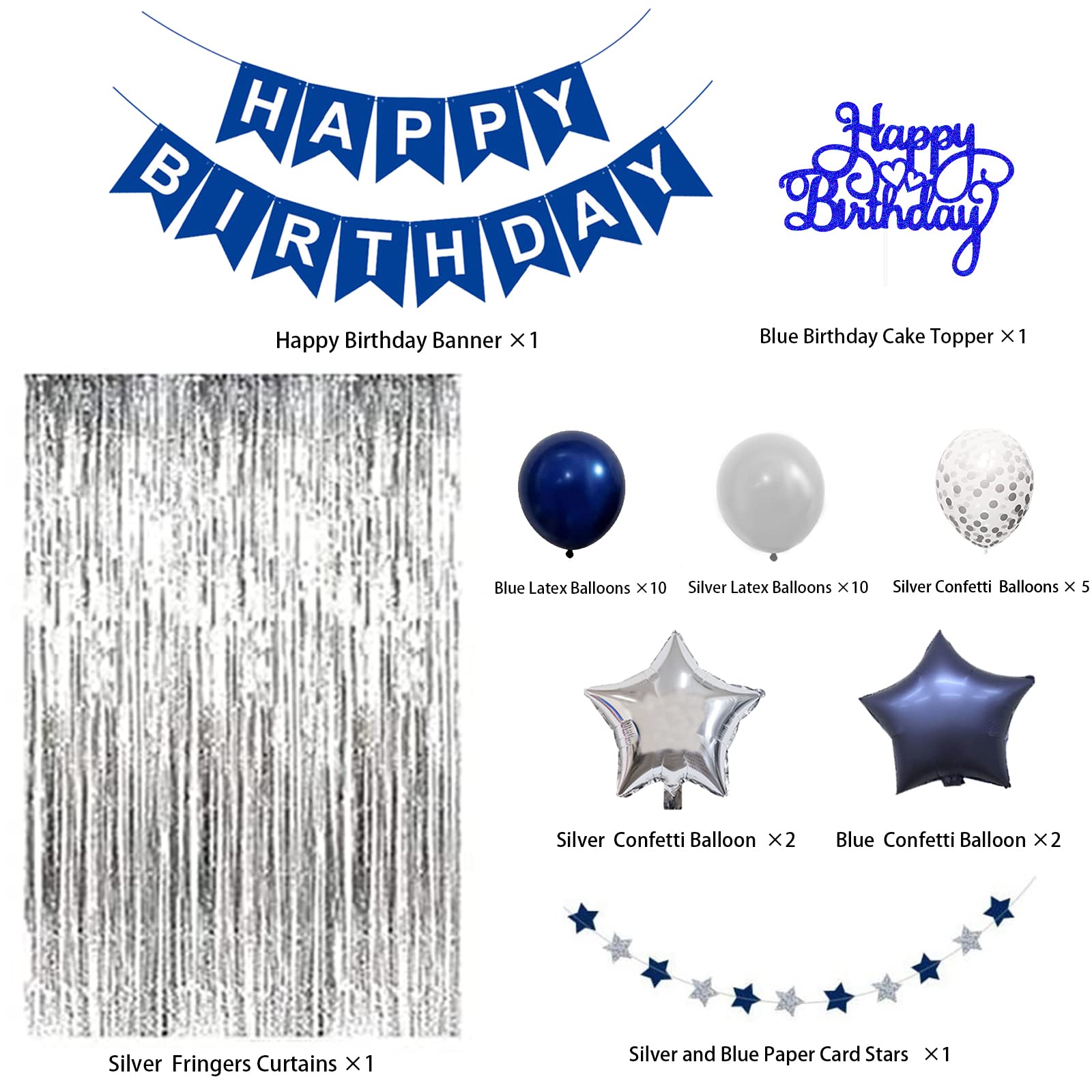 G-LOVELY'S Navy Sliver Birthday Decorations Set with Happy Birthday Balloon Letters Banner, Confetti Balloons, Fringe Curtain, Men Women Boys Girls Navy Blue Silver Birthday Party Supplies