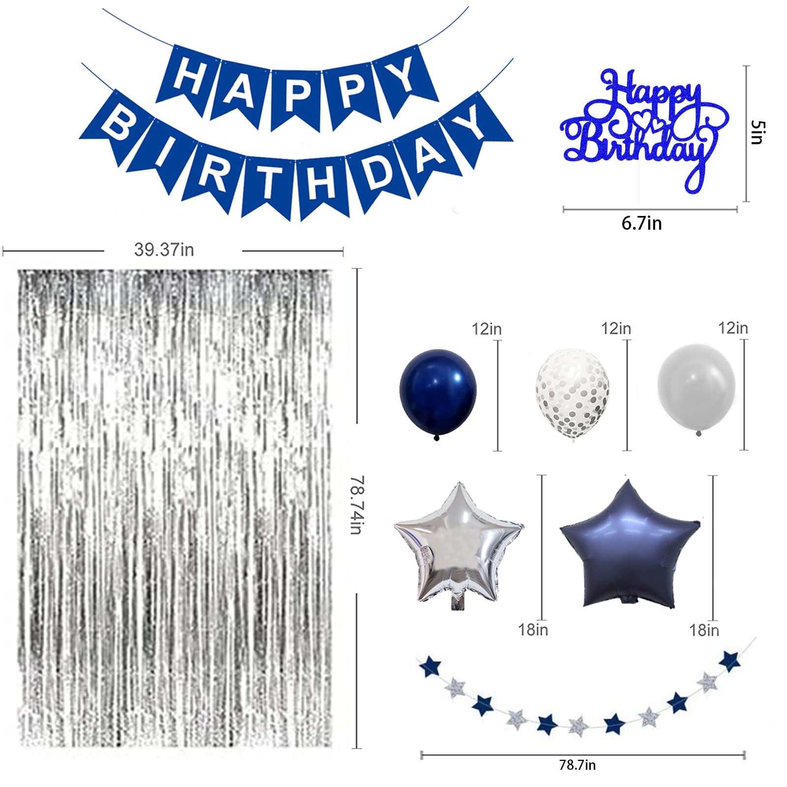 G-LOVELY'S Navy Sliver Birthday Decorations Set with Happy Birthday Balloon Letters Banner, Confetti Balloons, Fringe Curtain, Men Women Boys Girls Navy Blue Silver Birthday Party Supplies