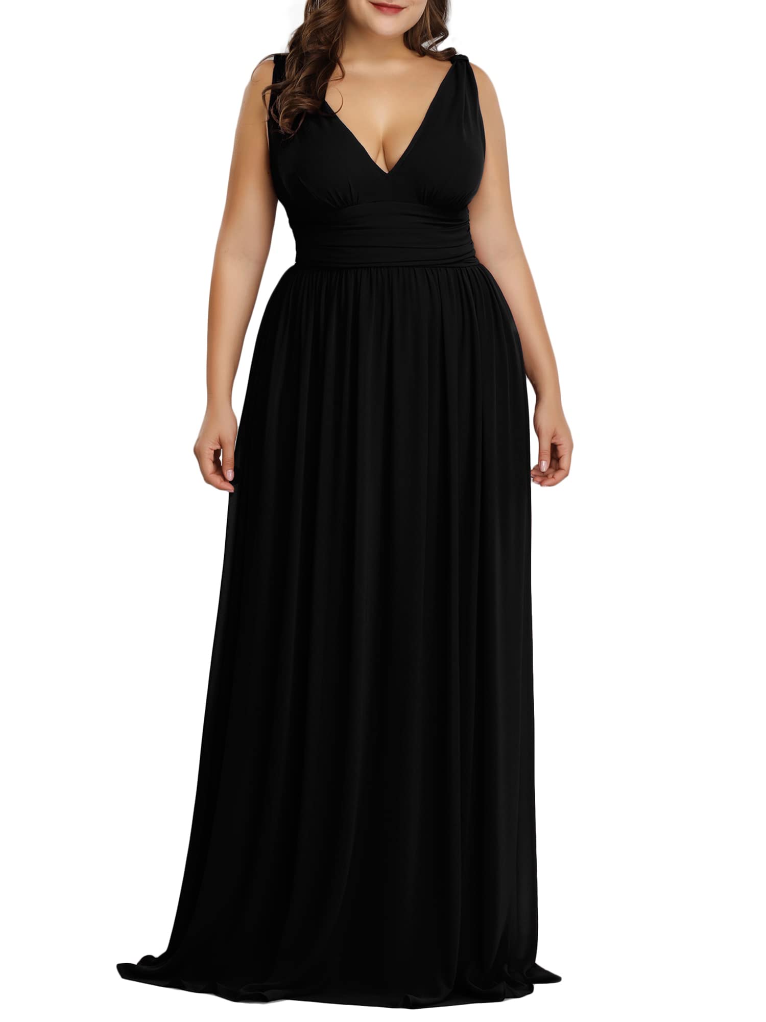 Ever-Pretty Women's Plus Size V-Neck Pleated Chiffon Maxi Semi-Formal Dress Bridesmaid Dresses Black US18