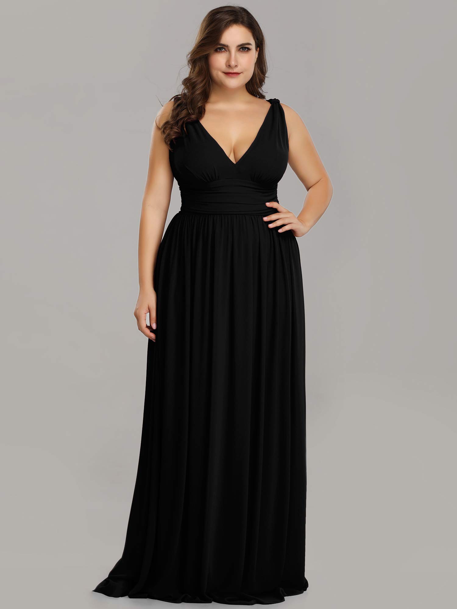 Ever-Pretty Women's Plus Size V-Neck Pleated Chiffon Maxi Semi-Formal Dress Bridesmaid Dresses Black US18