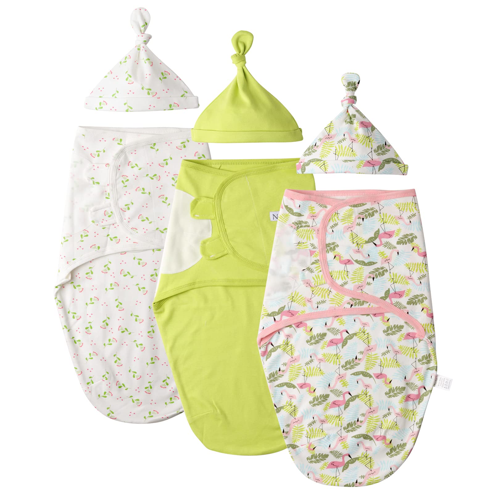 Nearkoi Swaddle Blanket Set for Baby,100% Cotton Swaddling Sack with Caps, Adjustable Sleep Sack,Sleep Bag for Newborn Baby (Green, M)