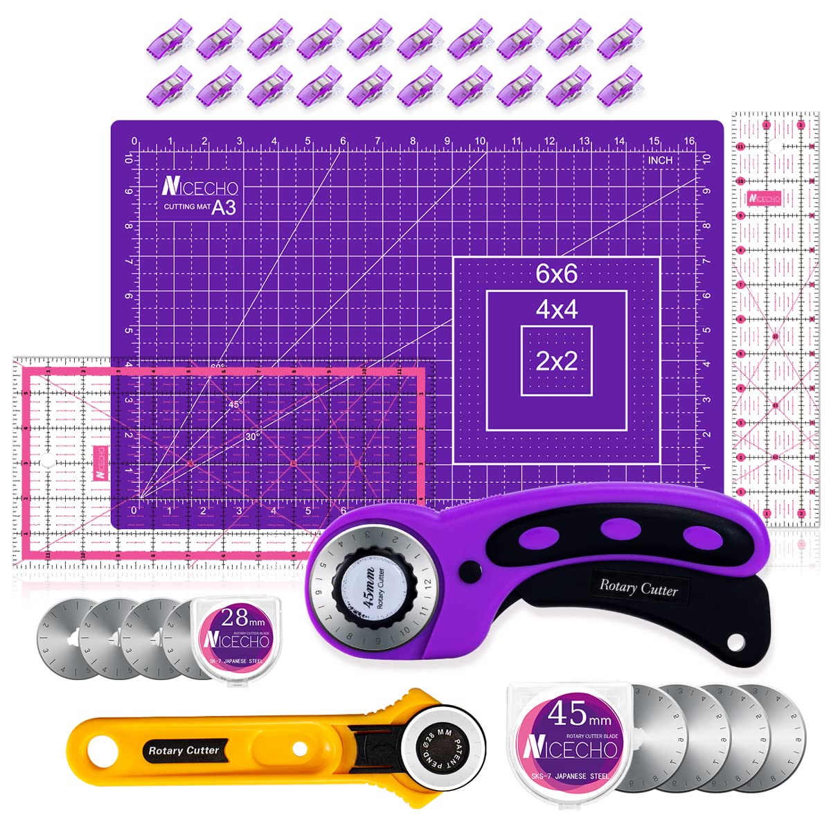 Rotary Cutter Set,Nicecho Sewing Quilting Supplies,45mm & 28 mm Fabric Cutters,8 Rotary Cutter Blades,A3 Cutting Mat for Sewing,6x12 & 2.5x12 In Quilting Rulers,Ideal Quilt kits for Lovers & Beginners