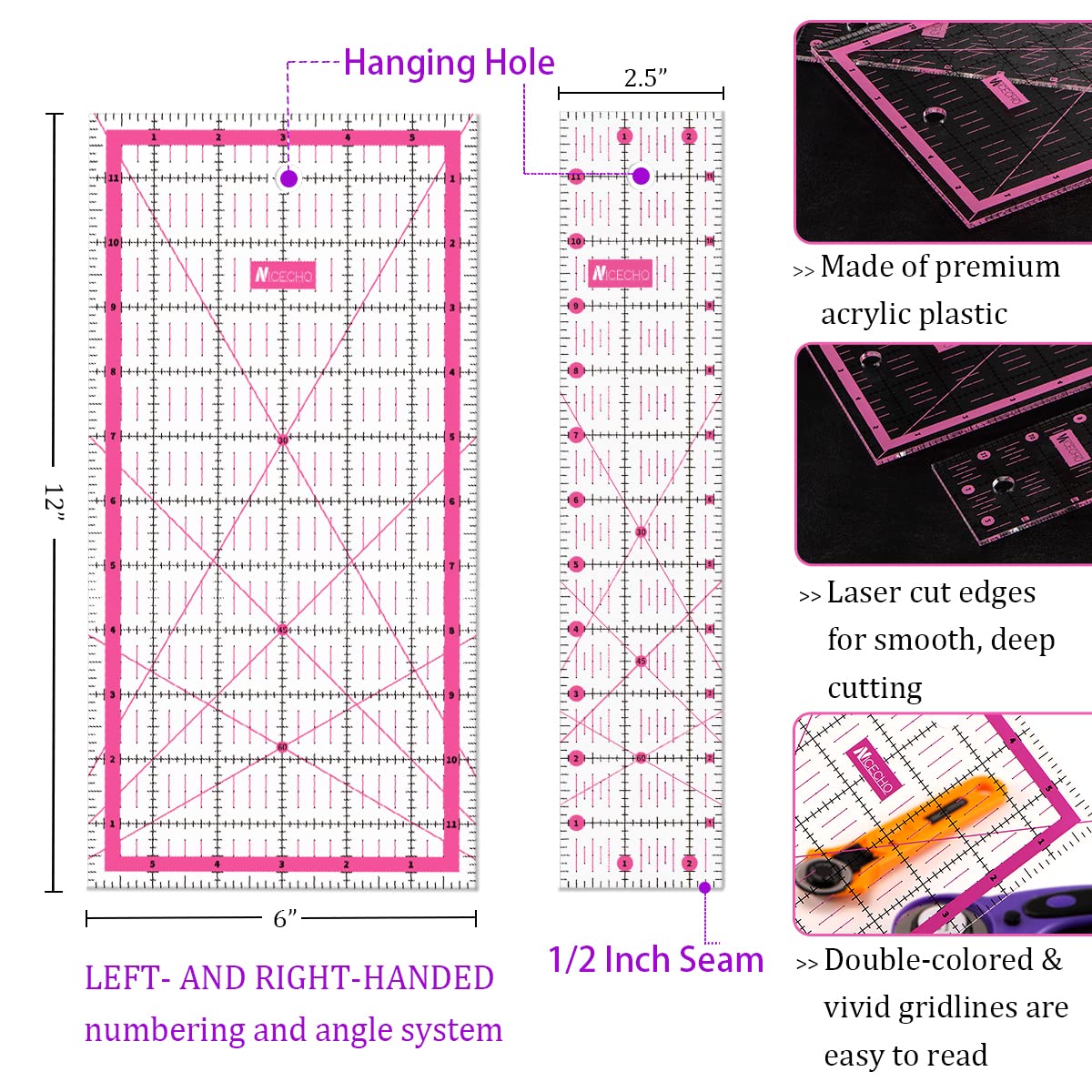 Rotary Cutter Set,Nicecho Sewing Quilting Supplies,45mm & 28 mm Fabric Cutters,8 Rotary Cutter Blades,A3 Cutting Mat for Sewing,6x12 & 2.5x12 In Quilting Rulers,Ideal Quilt kits for Lovers & Beginners