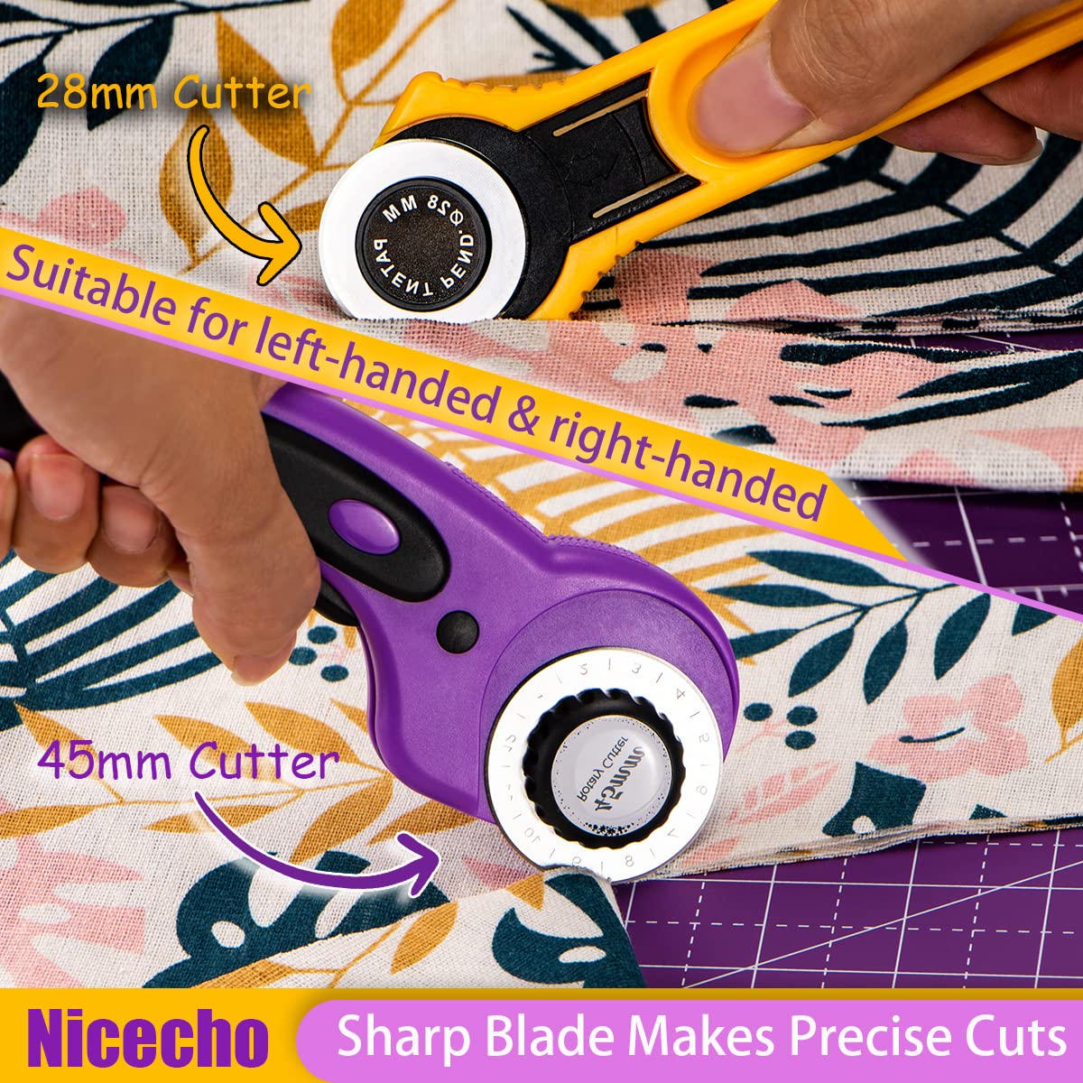 Rotary Cutter Set,Nicecho Sewing Quilting Supplies,45mm & 28 mm Fabric Cutters,8 Rotary Cutter Blades,A3 Cutting Mat for Sewing,6x12 & 2.5x12 In Quilting Rulers,Ideal Quilt kits for Lovers & Beginners