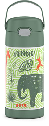 THERMOS FUNTAINER 12 Ounce Stainless Steel Vacuum Insulated Kids Straw Bottle, Jungle Kingdom