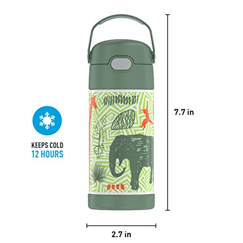 THERMOS FUNTAINER 12 Ounce Stainless Steel Vacuum Insulated Kids Straw Bottle, Jungle Kingdom