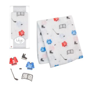 lulujo baby cotton muslin swaddle blanket, 47 x 47, hockey