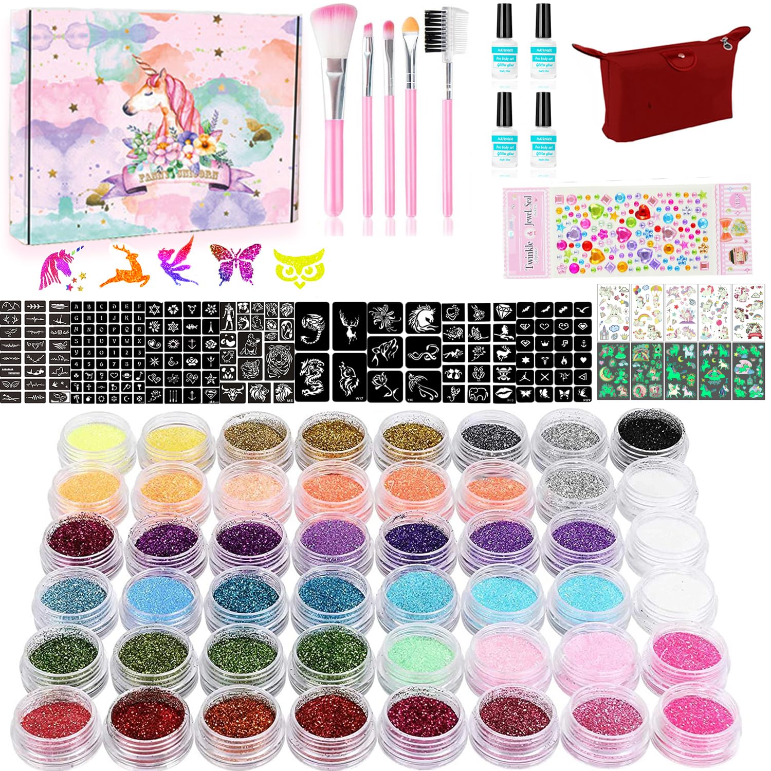 Glitter Tattoos Kit 48 Colors Waterproof Temporary Tattoos with 203 Stencils, 5 Brushes 4 Glue, Body Nail Art, Body Glitter Festival Party (48 Colors)