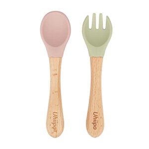 baby self feeding all natural beech wood fork and spoon set - bpa free, toddler tableware, suitable for stage 1 babies - soft curved food grade silicone head, gum friendly training (pink)