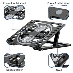 Laptop Cooling Pad, Portable 10-17 Inch Laptop Stand with 2 Rotate Led Fans, Elevator 6 Angle Adjustable Laptop Cooler with Phone, Tablet, Laptop Notebooks Stand Gifts for Men Boys, Black