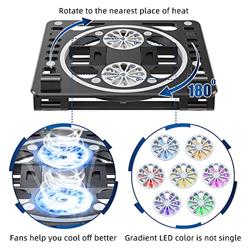 Laptop Cooling Pad, Portable 10-17 Inch Laptop Stand with 2 Rotate Led Fans, Elevator 6 Angle Adjustable Laptop Cooler with Phone, Tablet, Laptop Notebooks Stand Gifts for Men Boys, Black