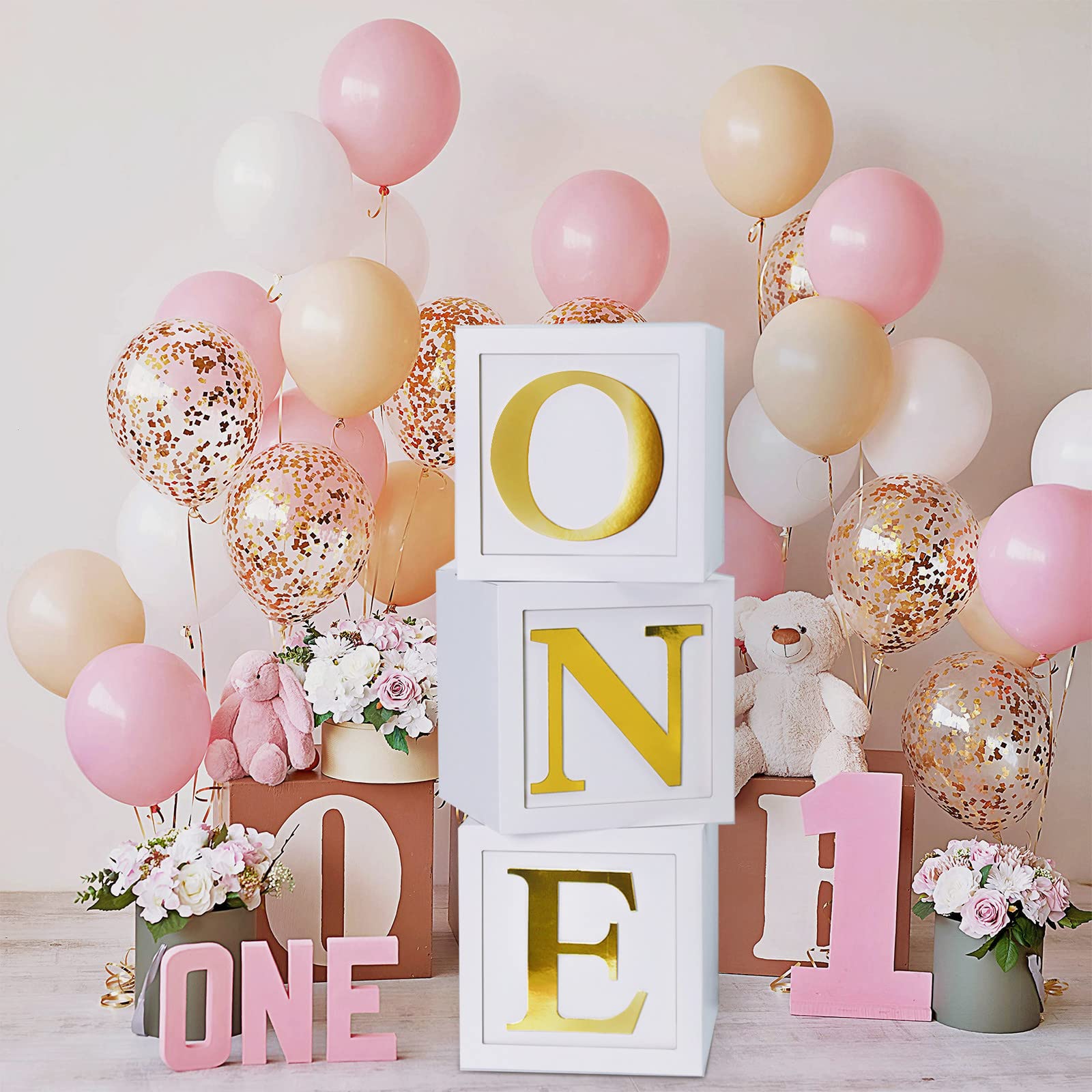 First Birthday Decorations for Girl Boy - 3pcs Stereoscopic Balloon Boxes with ONE Letters for Baby 1st Birthday Party Supplies, Baby Cube Blocks for ABC Photography Props Table Centerpiece