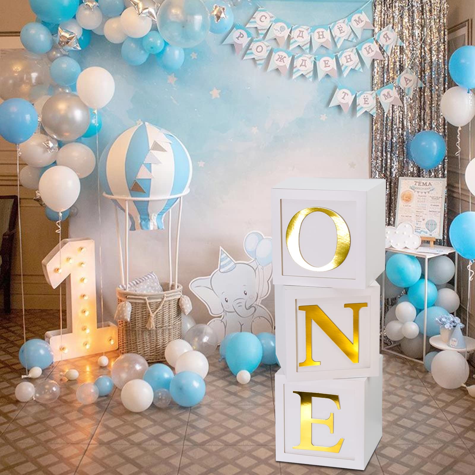 First Birthday Decorations for Girl Boy - 3pcs Stereoscopic Balloon Boxes with ONE Letters for Baby 1st Birthday Party Supplies, Baby Cube Blocks for ABC Photography Props Table Centerpiece