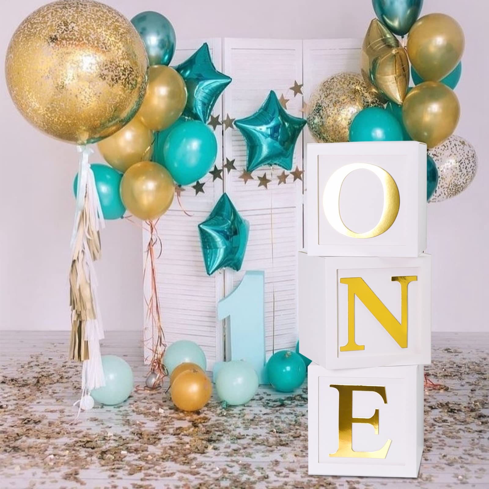 First Birthday Decorations for Girl Boy - 3pcs Stereoscopic Balloon Boxes with ONE Letters for Baby 1st Birthday Party Supplies, Baby Cube Blocks for ABC Photography Props Table Centerpiece