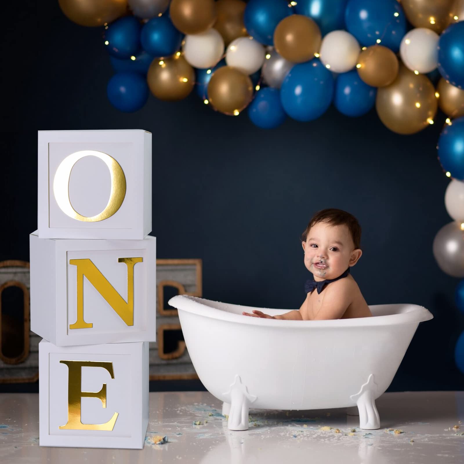 First Birthday Decorations for Girl Boy - 3pcs Stereoscopic Balloon Boxes with ONE Letters for Baby 1st Birthday Party Supplies, Baby Cube Blocks for ABC Photography Props Table Centerpiece