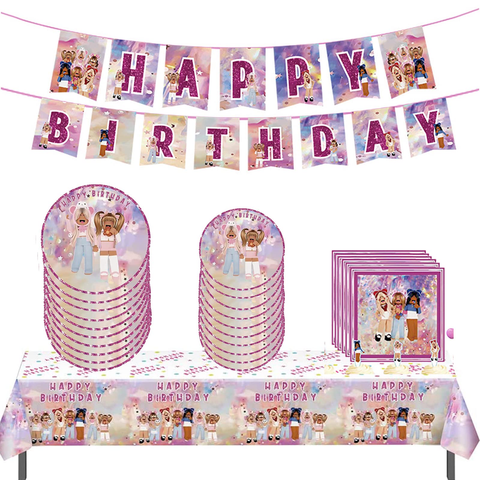 Pink Girl Robot Blocks Party Birthday Supplies, Robot Girls Game Party Tableware with Happy Birthday Banner, tablecloth, Disposable Paper Plates with Napkins for Kids Party Supplies Decorations